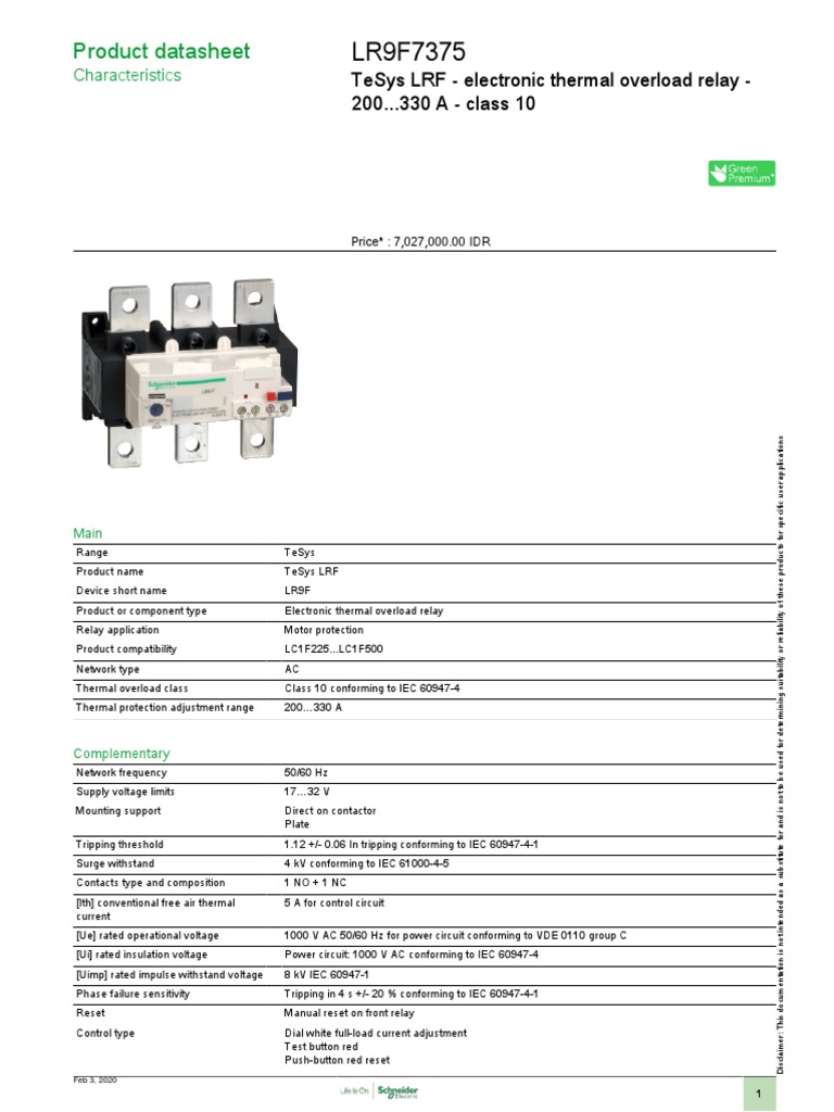 Product Datasheet: Tesys LRF - Electronic Thermal Overload Relay - 200 ...