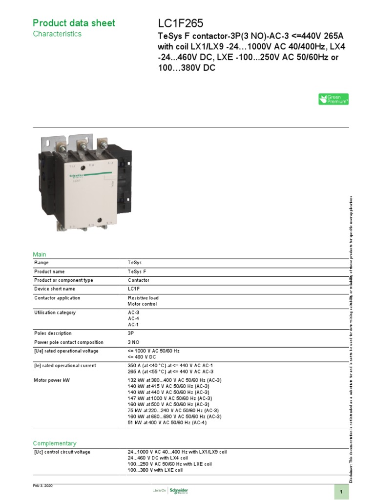 LC1F265 TeSys F contactor 265A data sheet | PDF | Alternating Current ...