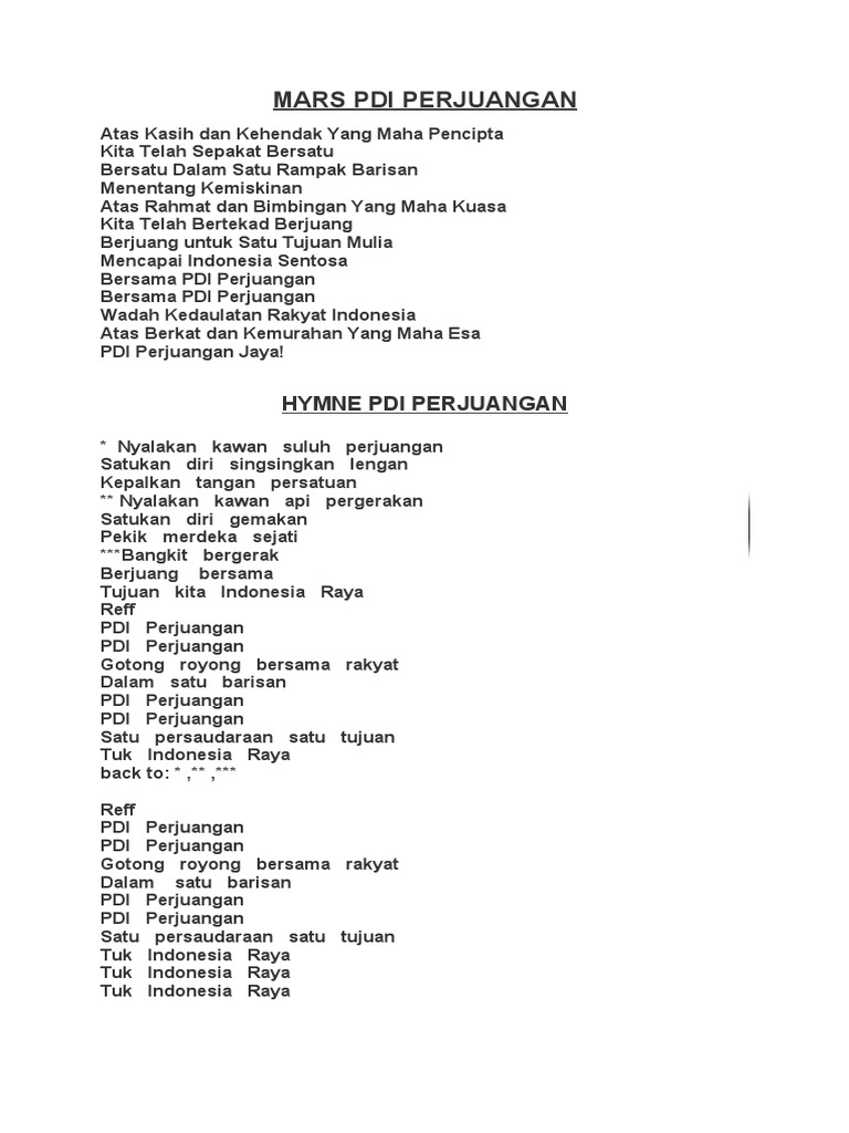 MARS PDI PERJUANGAN Dan HYMNE | PDF