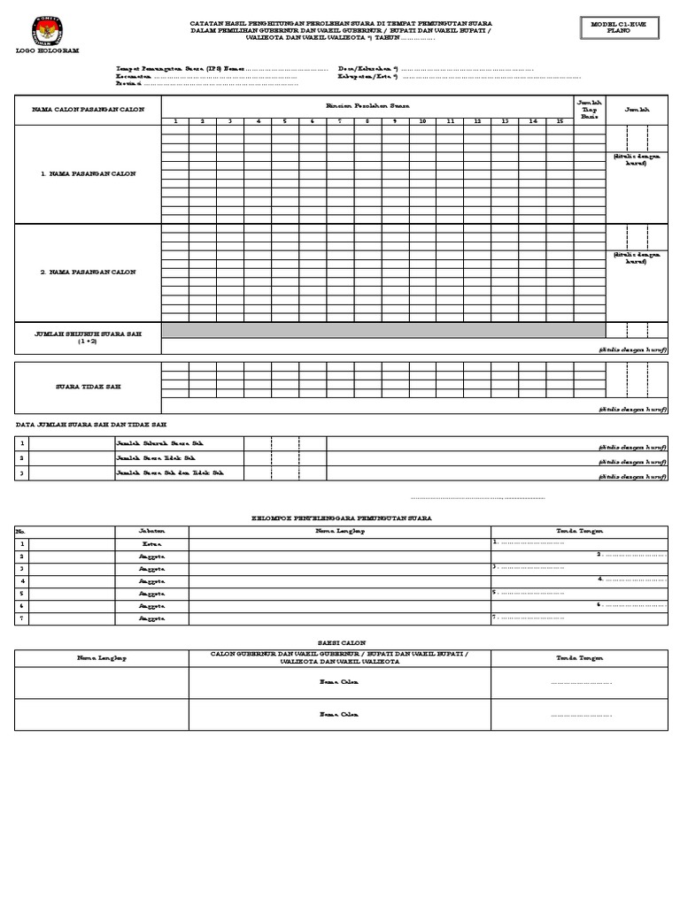 Format C1 Plano Pemilu 2024 | PDF