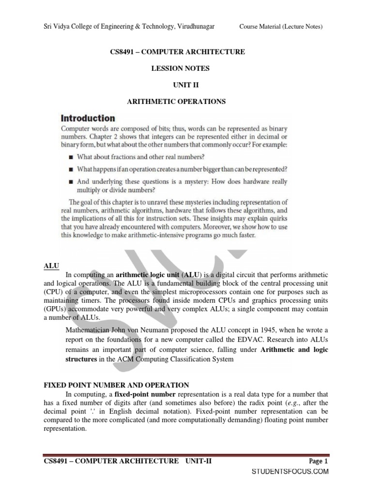 Cs8491 - Computer Architecture Lession Notes Unit Ii Arithmetic ... Cs8491 - Computer Architecture Lession Notes Unit Ii Arithmetic ...