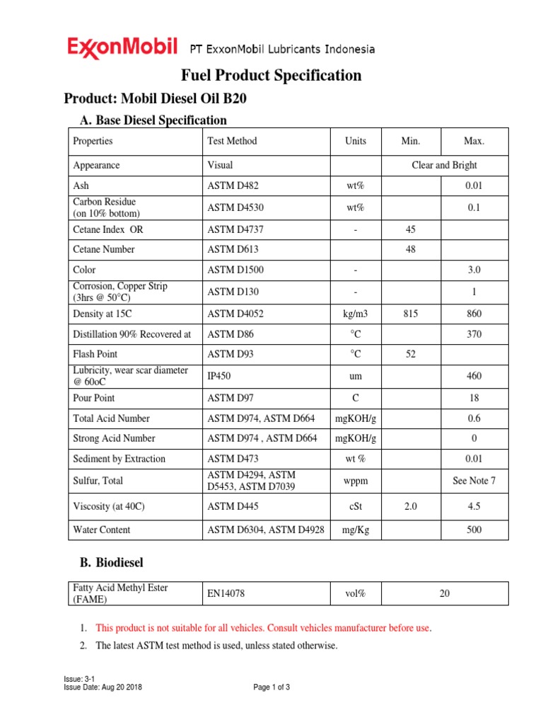 Mobil Diesel Oil B20 Marketing Spec | PDF | Biodiesel | Diesel Fuel