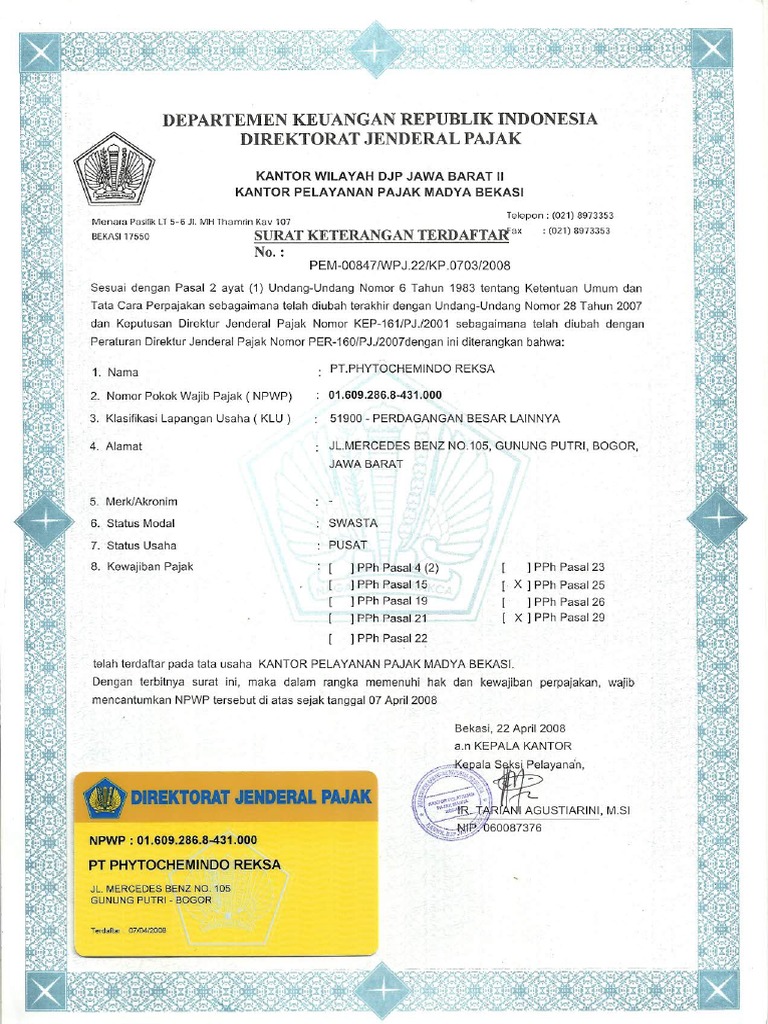 NPWP SPPKP Phytochemindo | PDF