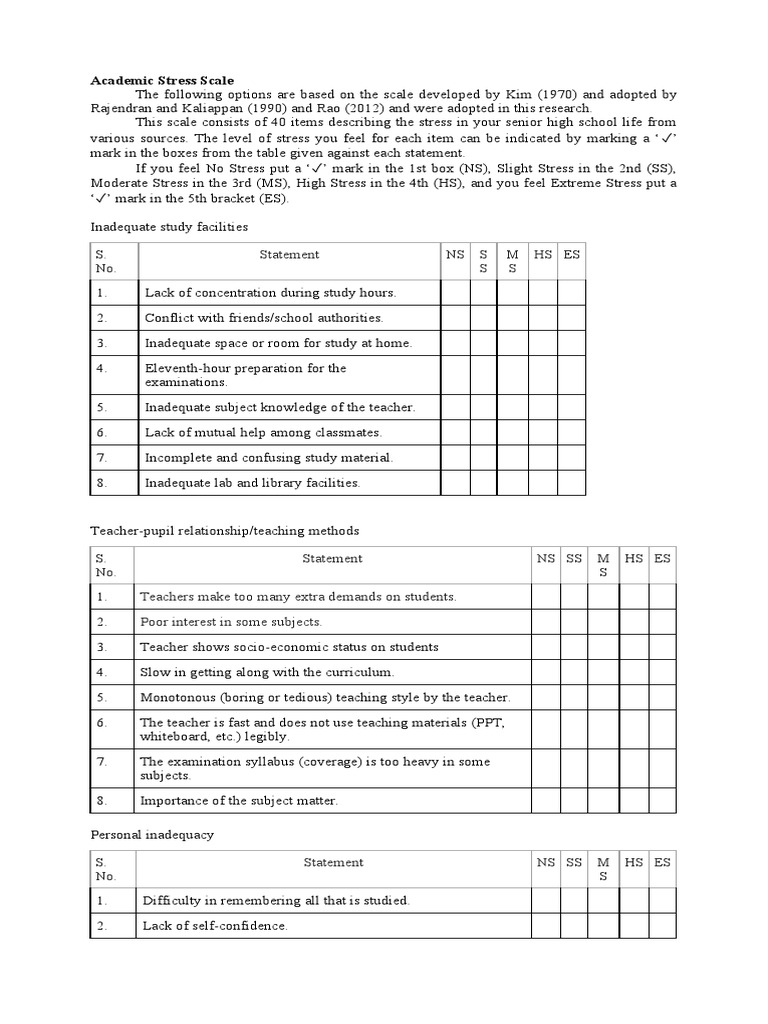 Academic Stress Scale: S. No. Statement NSS S M S Hs Es | PDF ...