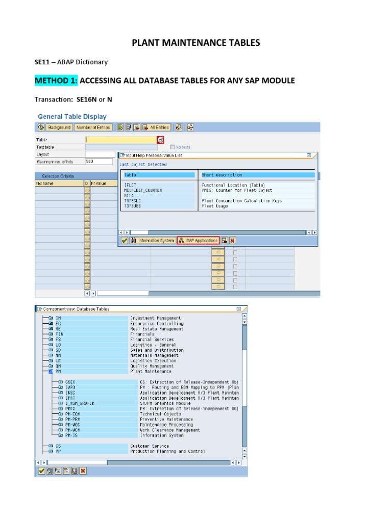 Plant Maintenance Tables: Method 1: Accessing All Database Tables For Any Sap Module | PDF ...