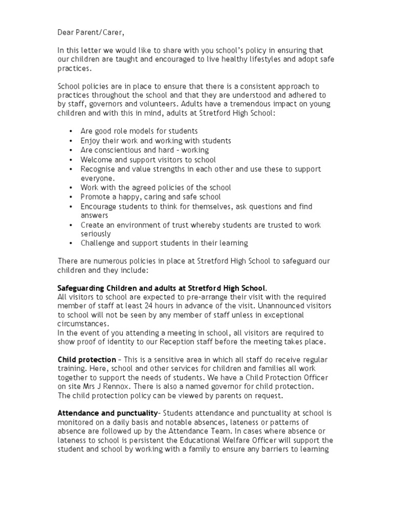 Safeguarding Letter To Parents | Child Protection | Occupational Safety ...
