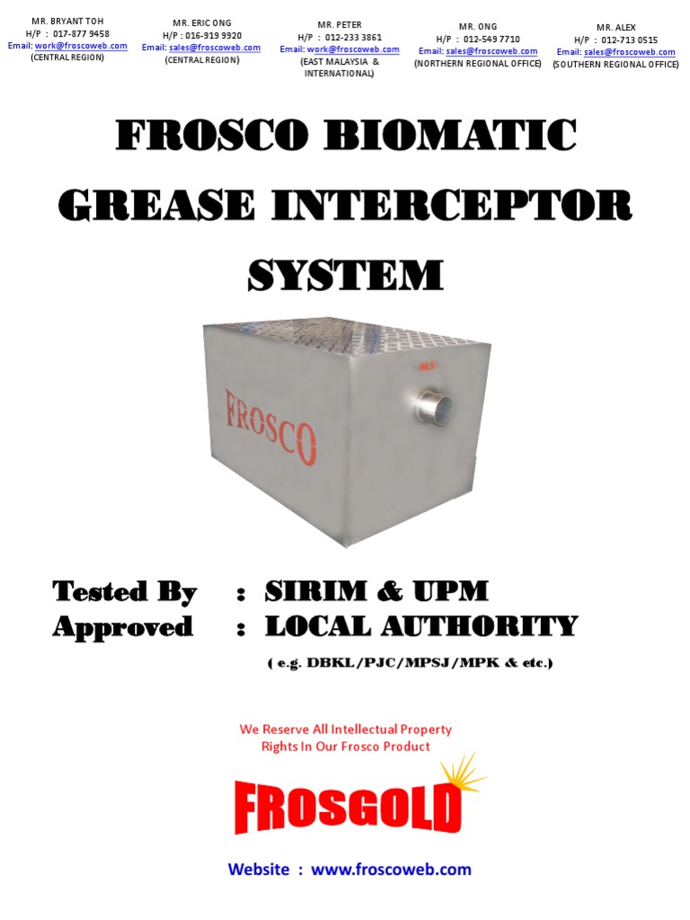 Frosco Biomatic Grease Interceptor System: Tested By: Sirim & Upm ...