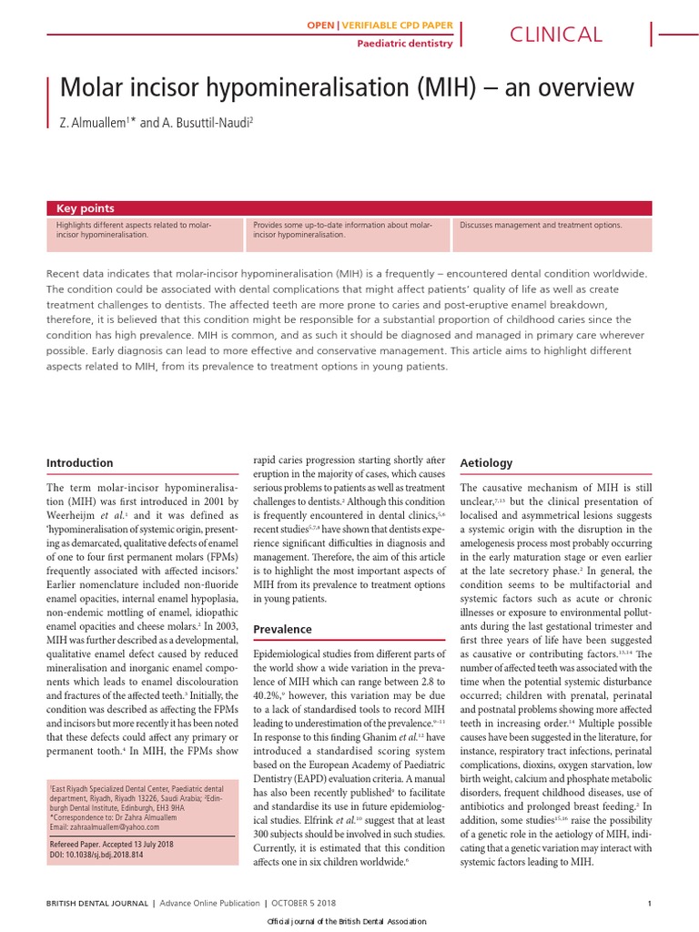 Molar Incisor Hypomineralisation MIH - An Overview | PDF | Tooth Enamel ...