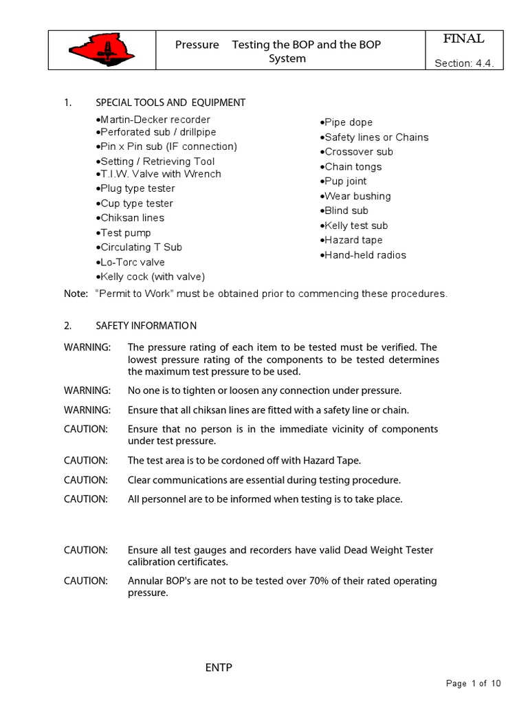 Procedure de Test BOP | PDF | Casing (Borehole) | Gas Technologies