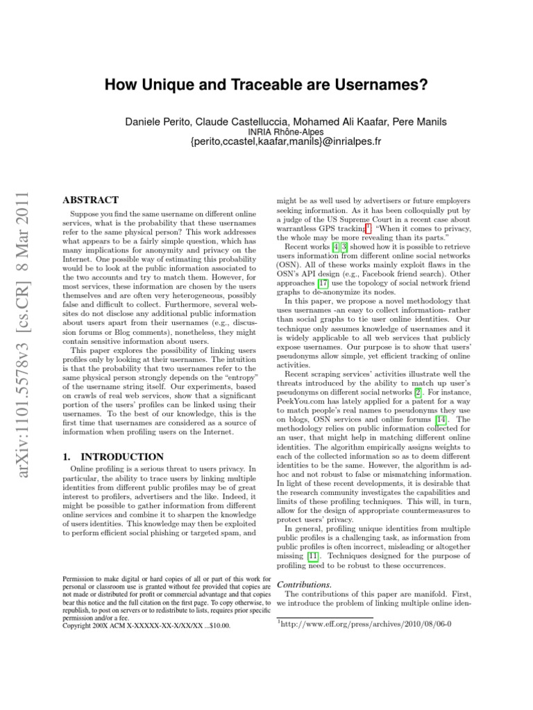 How Unique and Traceable Are Usernames? | PDF | Http Cookie | Areas Of ...