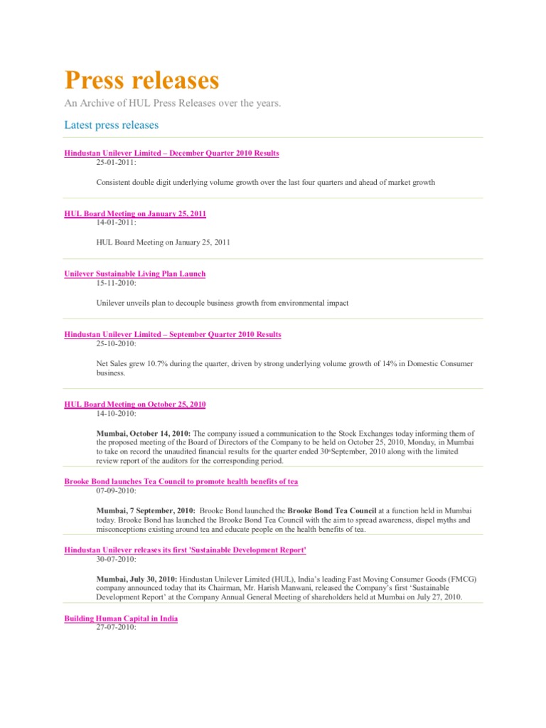 Latest Press Releases: An Archive of HUL Press Releases Over The Years ...