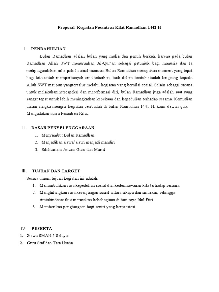 99.contoh Proposal Kegiatan Pesantren Kilat Ramadhan Beserta Biayanya | PDF