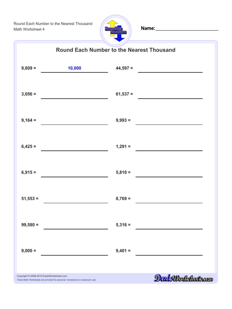 Round Each Number To The Nearest Thousand Math Worksheet 4 | PDF