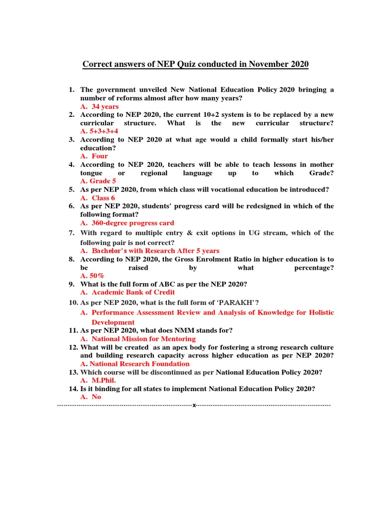 Correct Answers of NEP Quiz Conducted in November 2020 | PDF