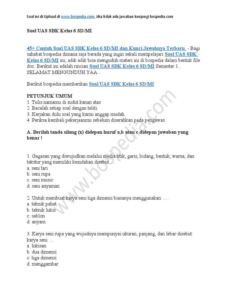 45 - Contoh Soal UAS SBK Kelas 6 SD MI Dan Kunci Jawabnya | PDF