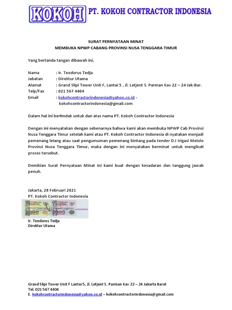 SURAT PERNYATAAN MINAT Penyedia BOX DOC AYAM PT Berdikari (Persero) | PDF