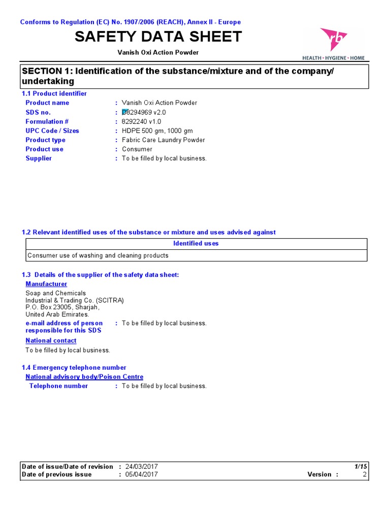 Vanish Oxi Action Powder Safety Data Sheet | PDF | Toxicity | Firefighter