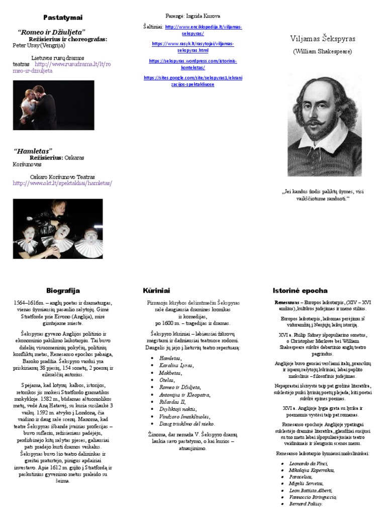 Viljamas Šekspyras Lankstinukas 1 | PDF