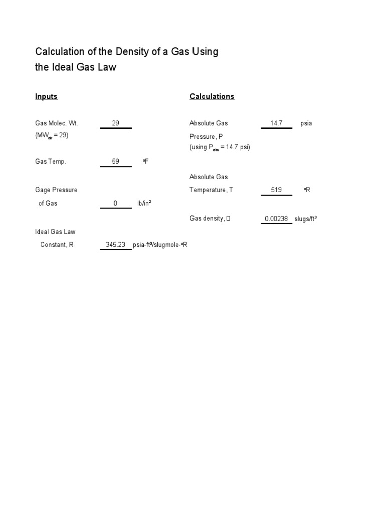 Gas Density Calculation Using Ideal Gas Law | PDF