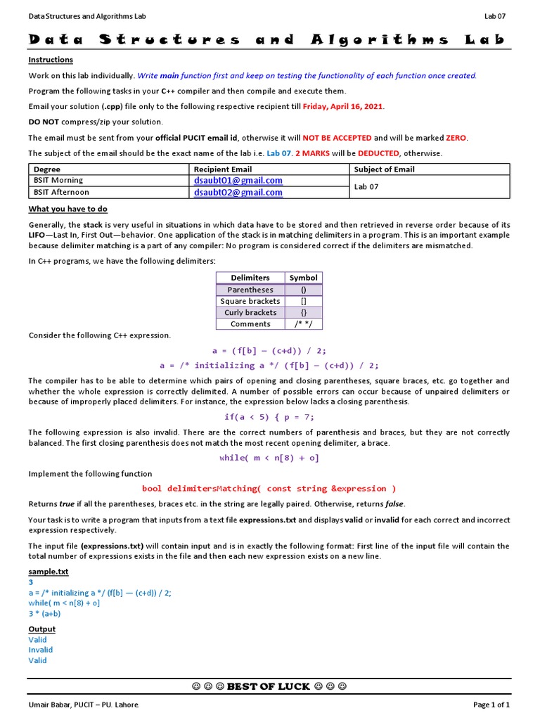 C++ Delimiter Matching Lab | PDF | Bracket | Computer Data