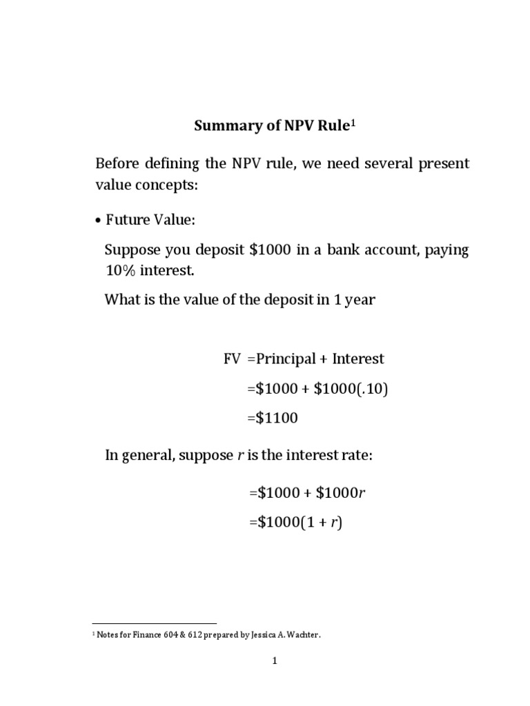 Summary of NPV Rule: Notes For Finance 604 & 612 Prepared by Jessica A ...