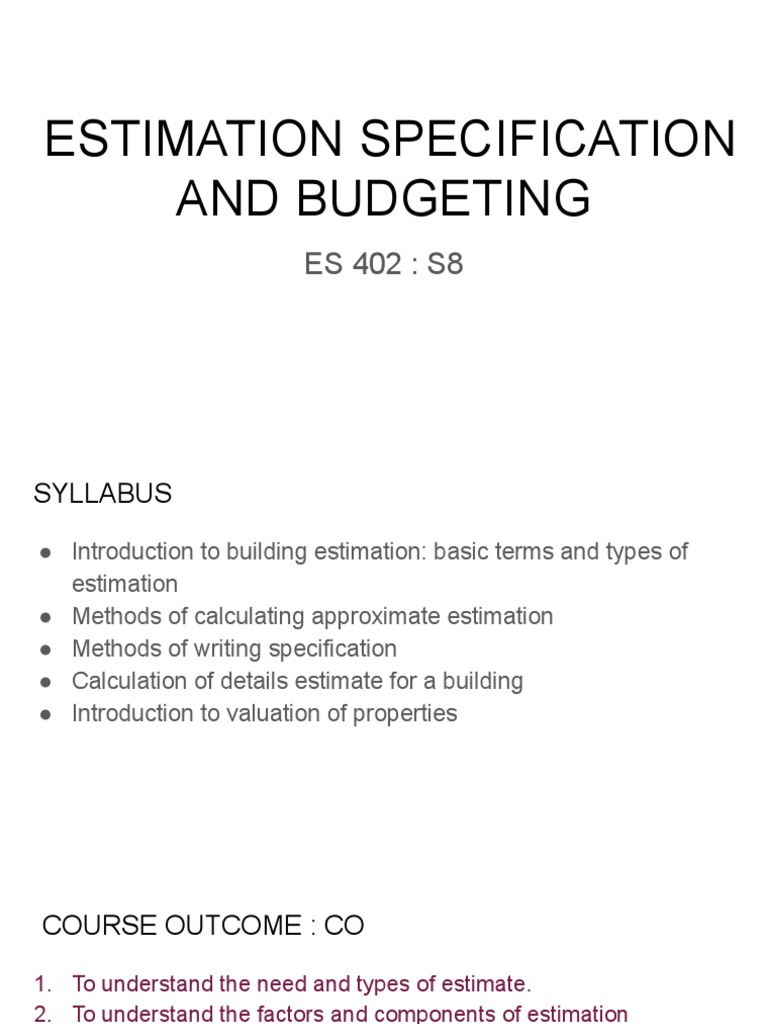 S8 Estimation Intro | PDF | Specification (Technical Standard) | Cost