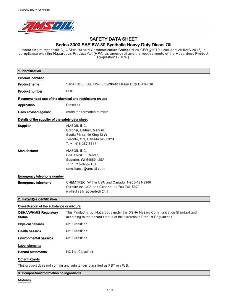 Safety Data Sheet Series 3000 SAE 5W-30 Synthetic Heavy Duty Diesel Oil ...