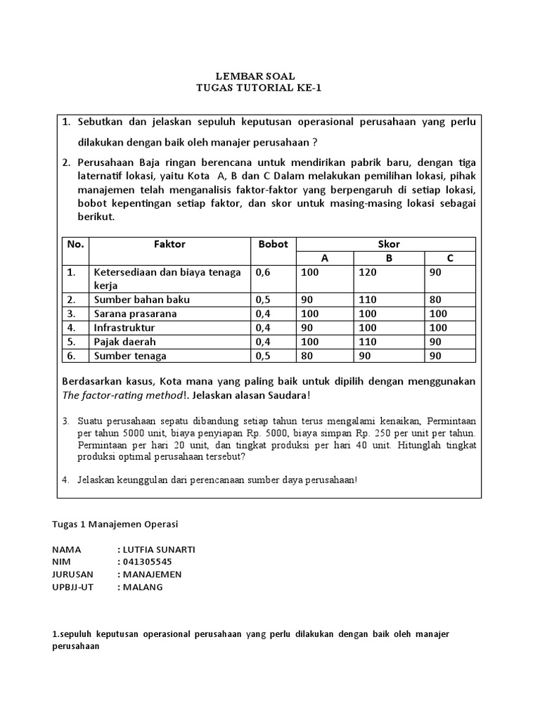 3.soal - EKMA4215 - Tugas1 Manajemen Operasi | PDF