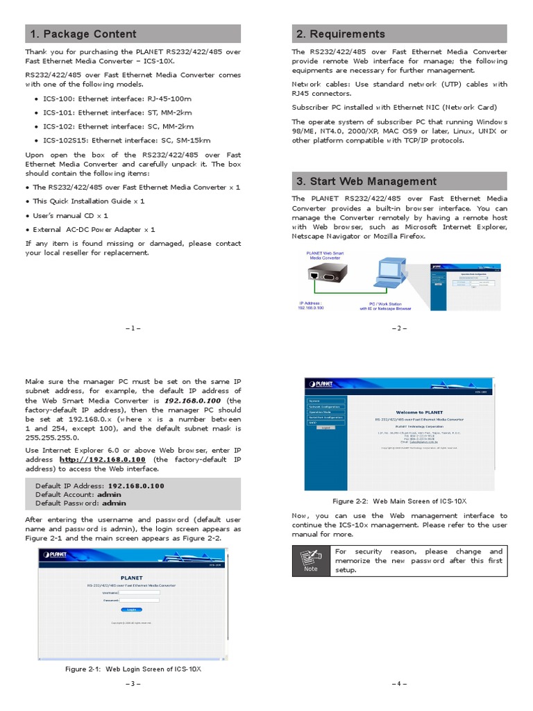 Package Content 2. Requirements: 192.168.0.100 Admin Figure 2-2: Web ...