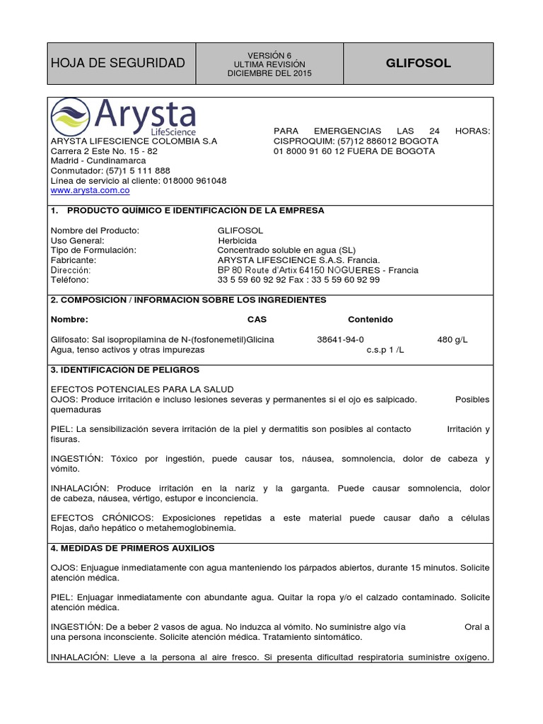 Hoja de Seguridad del Herbicida Glifosol | PDF | Combustibles | Agua