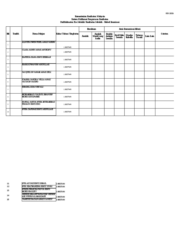 Borang Ksk102 Soft Copy Skkb Thn 1 2021 Pdf