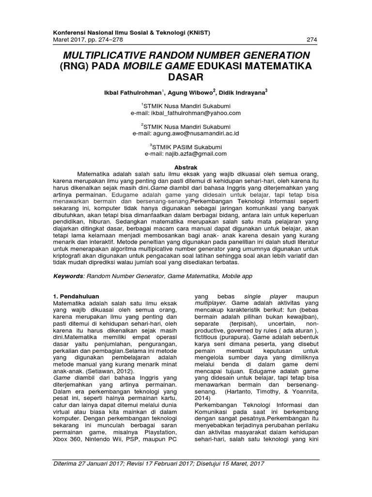 (RNG) Pada Mobile Game Edukasi Matematika Dasar: Multiplicative Random Number Generation | PDF