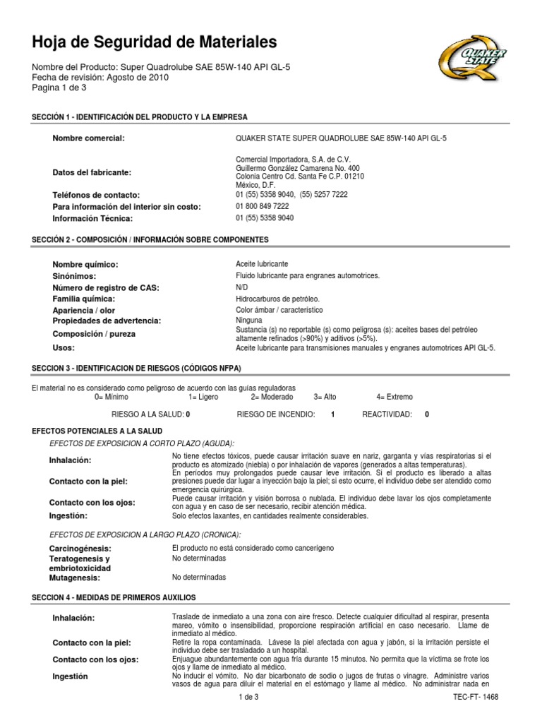 Ficha de Seguridad Aceite-85w-140 | Descargar gratis PDF | Toxicidad | Lubricante