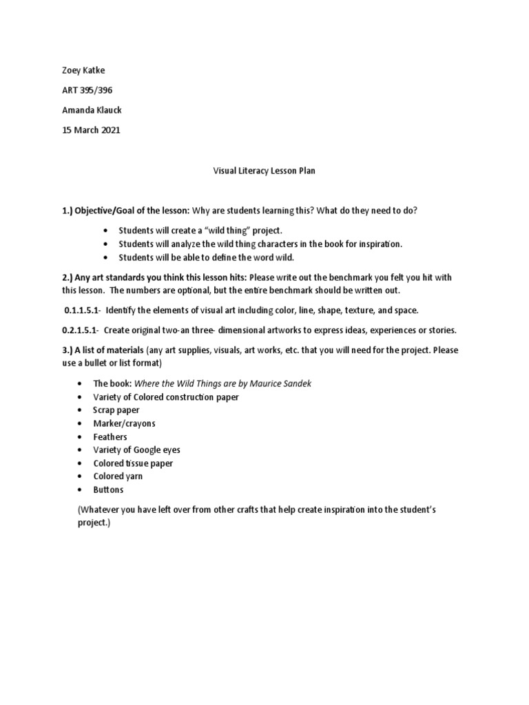 Wild Thing Visual Literacy Lesson Plan | PDF | Literacy | Lesson Plan