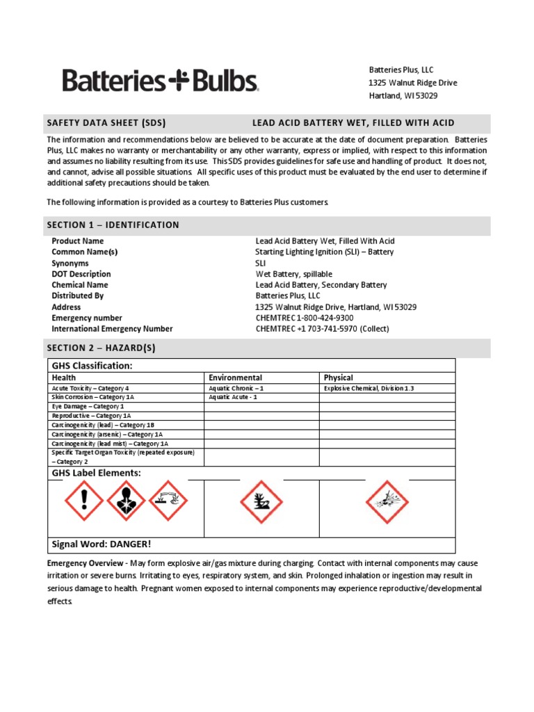 Safety Data Sheet (SDS) Lead Acid Battery Wet, Filled With Acid ...