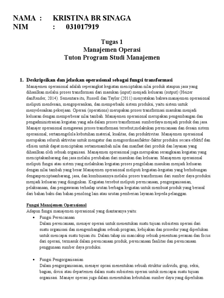 Tugas 1 Manajemen Operasi | PDF