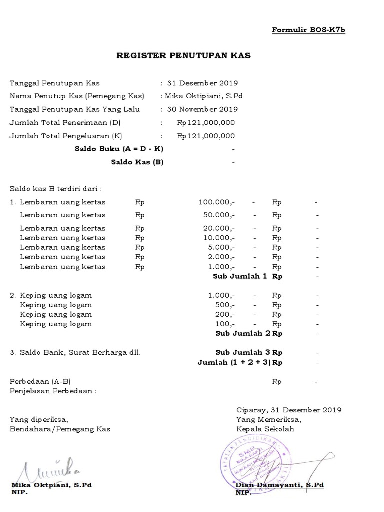 Register Penutupan Kas: Formulir BOS-K7b | PDF