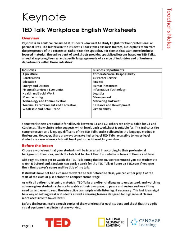 TED Talk English Worksheets for Professionals | PDF | Reading ...