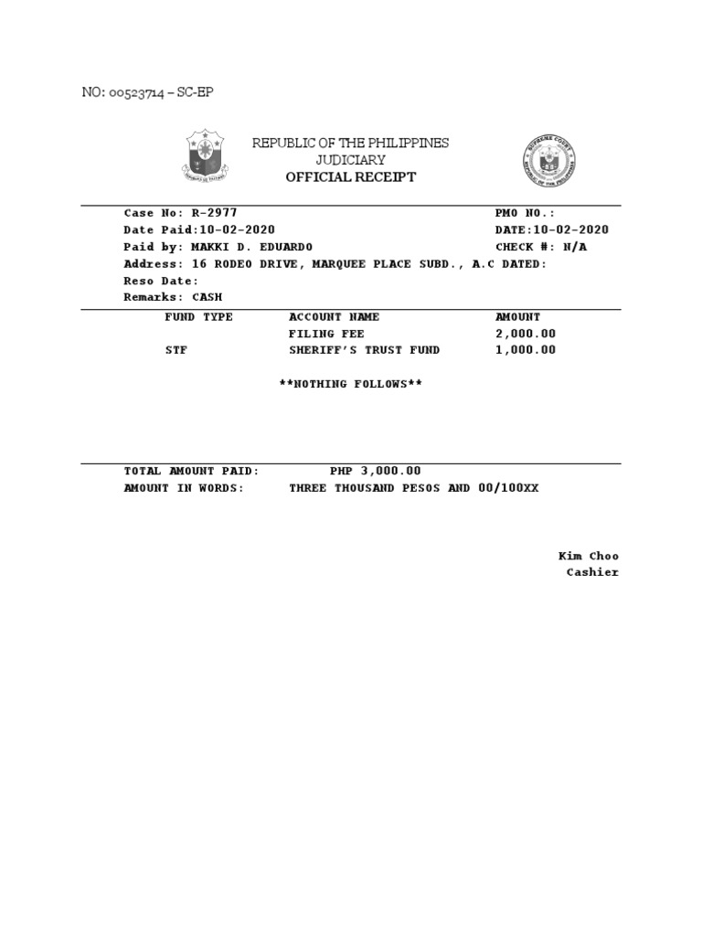 Receipt - Filing Fees | PDF