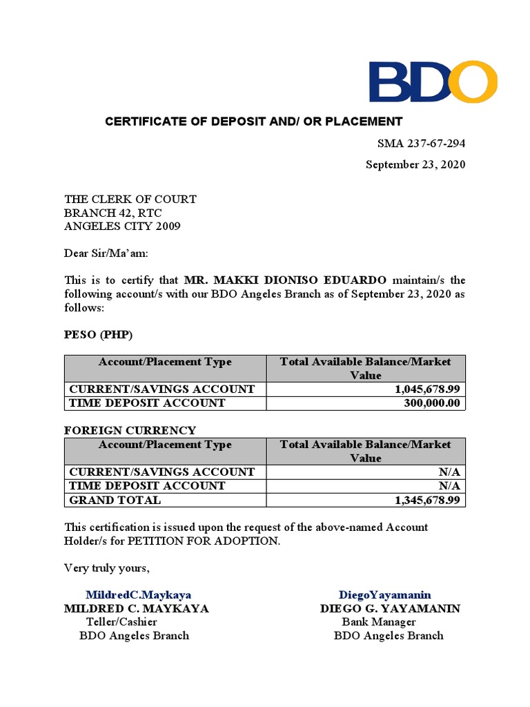 Certificate of Deposit (Bdo) | PDF