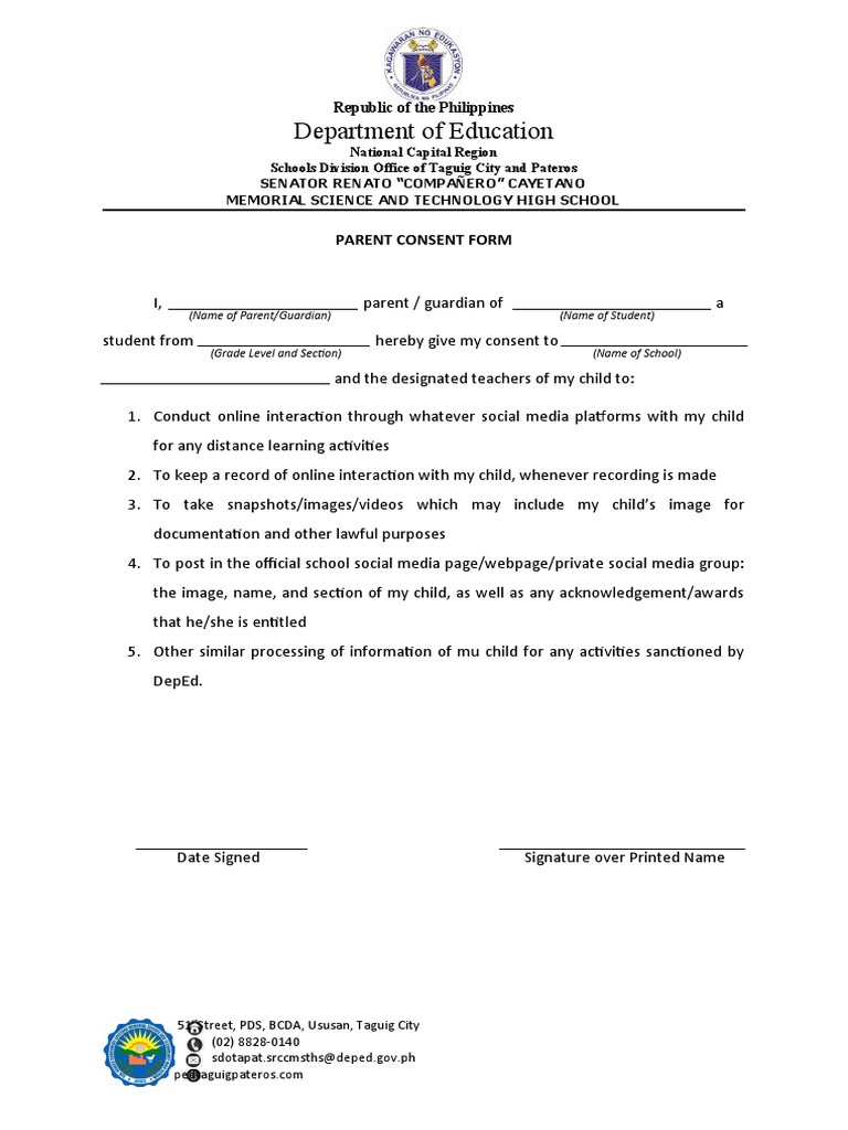 Parental consent form for online distance learning activities and use ...