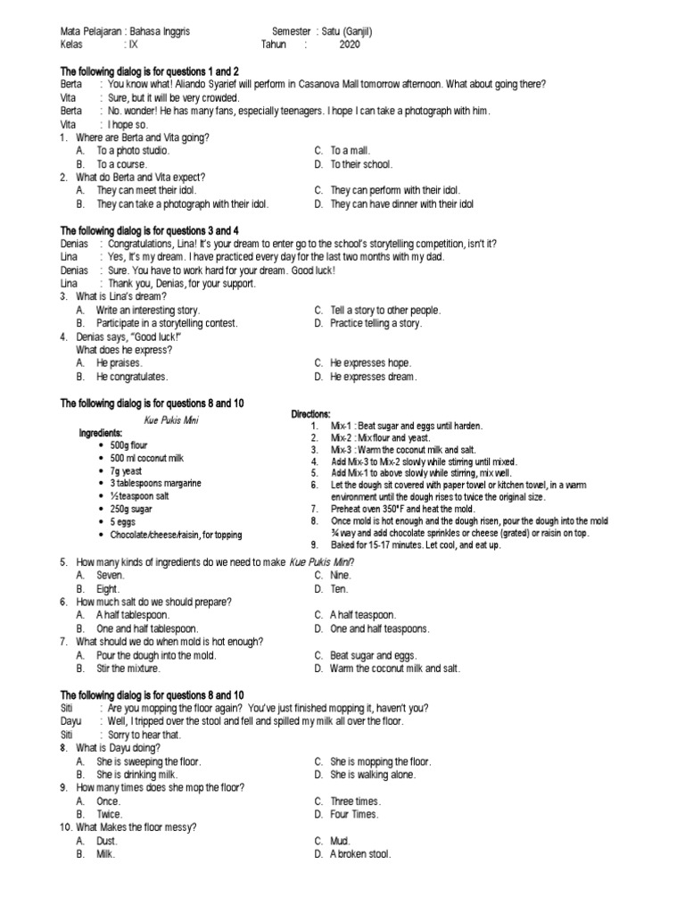 Soal Bahasa Inggris | PDF | Teaspoon | Dough