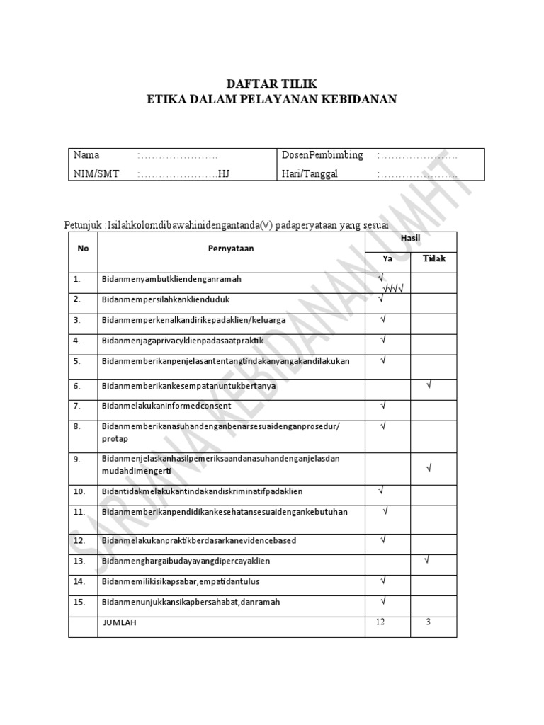 Daftar Tilik Etika DLM Pelayanan Kebidanan | PDF | Karier & Perkembangan | Kajian Bahasa Asing