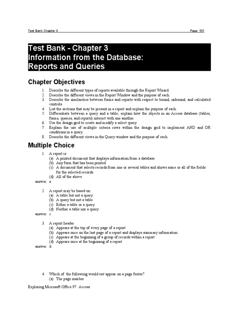 Access Reports And Queries Test Bank Pdf Table Database Databases