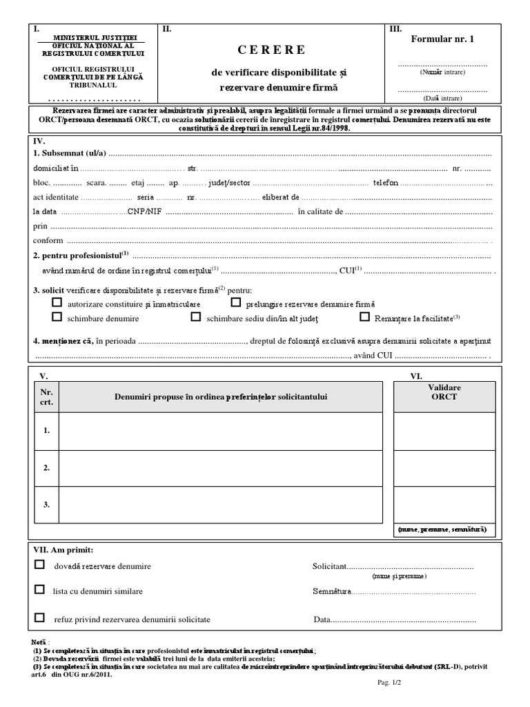 Cerere ONRC Rezervare Denumire Firma | PDF