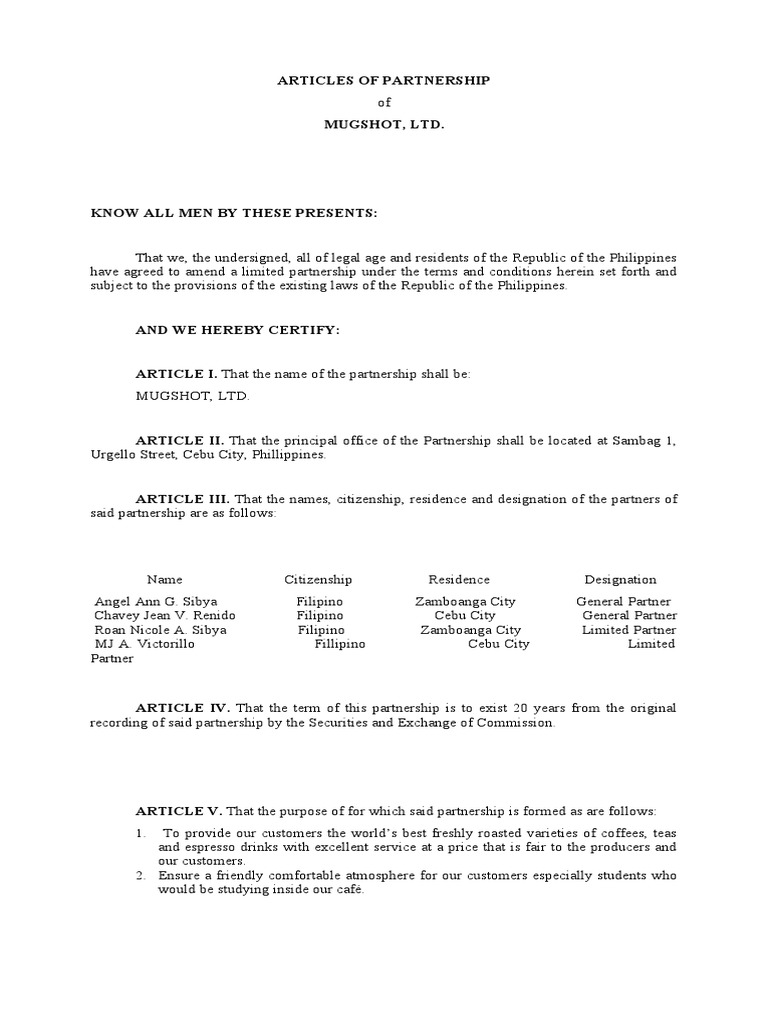 Articles of Partnership For Limited Partnership | PDF | Partnership ...