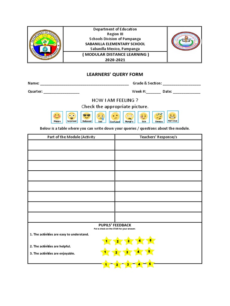 Learners' Query Form: How I Am Feeling ? Check The Appropriate Picture ...