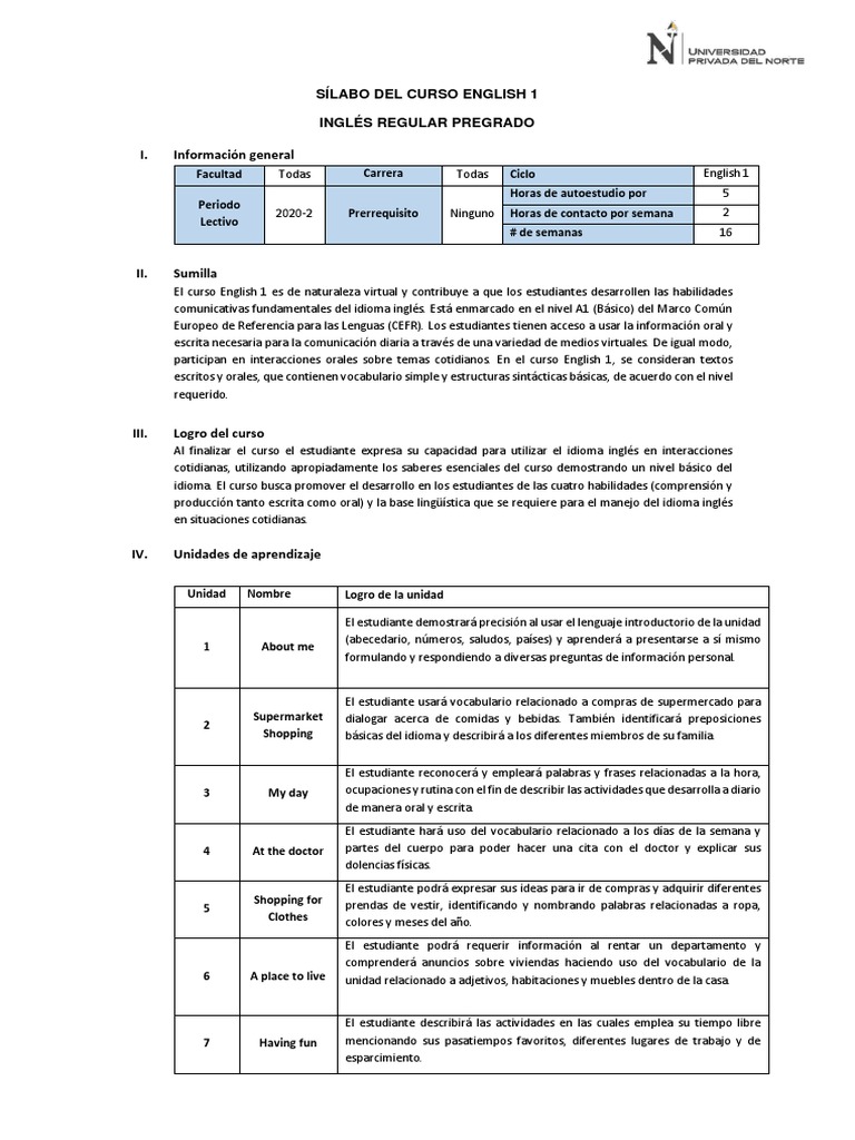 Syllabus for the English 1 Course: An Introduction to Basic English ...