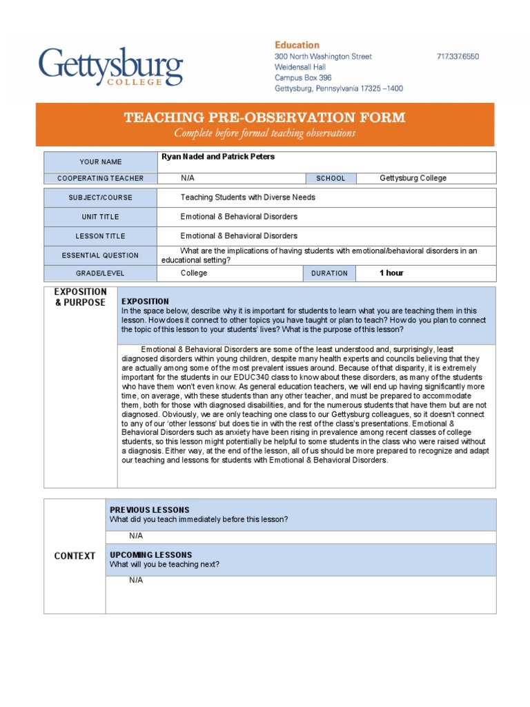 Co-Taught Lesson Plan - Emotional Behavioral Disorders | Download Free ...