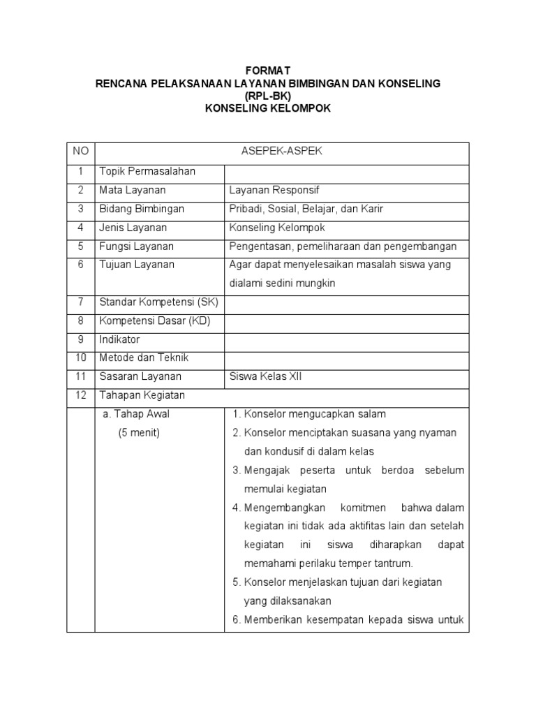 Format RPL BK Konseling Kelompok Ujian Awal Dikonversi | PDF